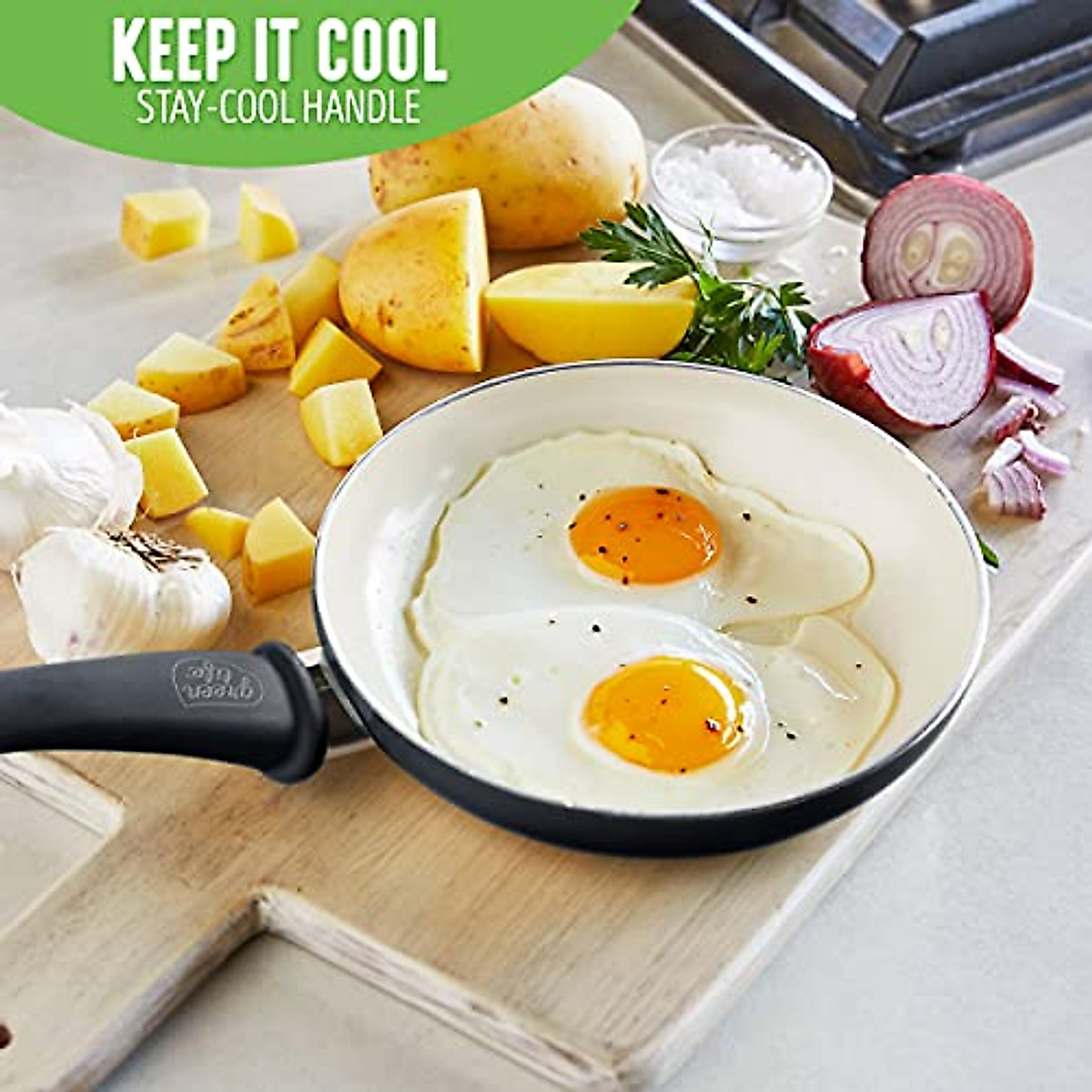 GreenLife Soft Grip Healthy Ceramic Nonstick 7" and 10" Frying Egg Omeltte Pan Skillet Set, PFAS-Free, Dishwasher Safe, Black and Cream