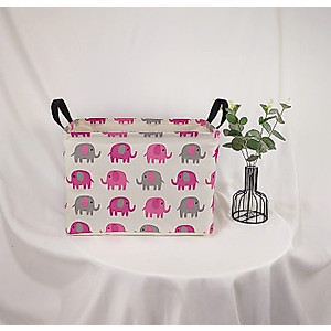 HUAYEE Elephant Print Rectangular Storage Bin Shelf Basket Canvas Fabric Toy Box,Waterproof Coating Nursery Hamper with Handles,Gift Basket for Home,Office,Clothes,Books(pink grey elephant)