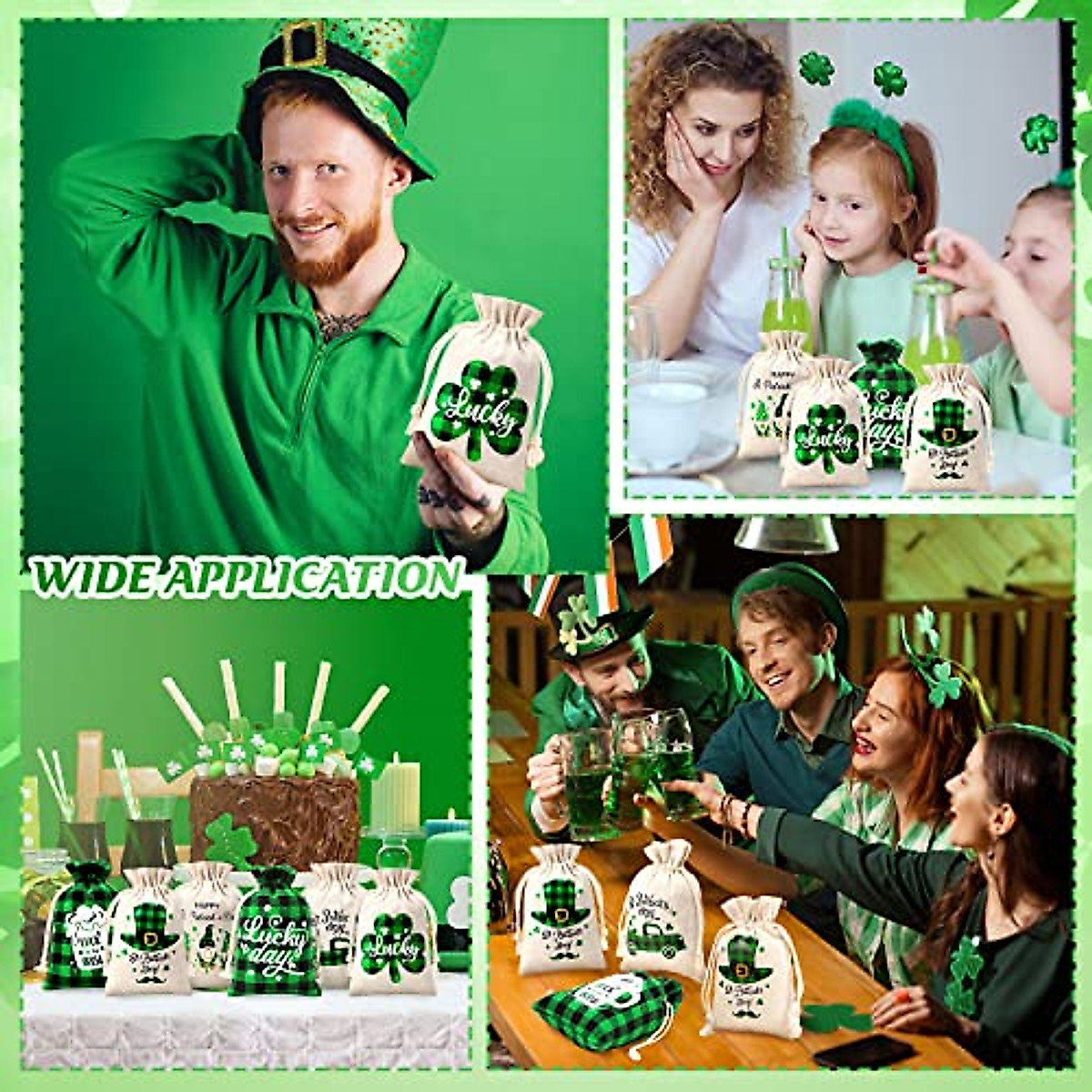 24 Pcs St Patrick's Day Gift Bag with Drawstring Shamrock Cotton Treat Bags Candy Pouch Sacks Irish Party Favor Bag Green Plaid Pouch Bag for Saint Patrick's Day Irish Party Supplies (5 x 7 Inch)