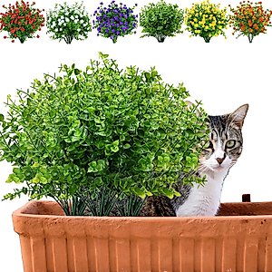 Little Chain 8PCS Artificial Fake Outdoor Plants Flowers UV Resistant Faux Flowers Indoor Outside for Decoration, Hanging Planter Wedding Garden Patio Office Home Decor, Green, Red