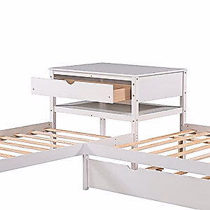 L-Shaped 2 Beds Twin Size & Full Size with Trundle Wood Platform Beds for 3 People Corner Bed Frames with Table for Kids Teens Adults, White