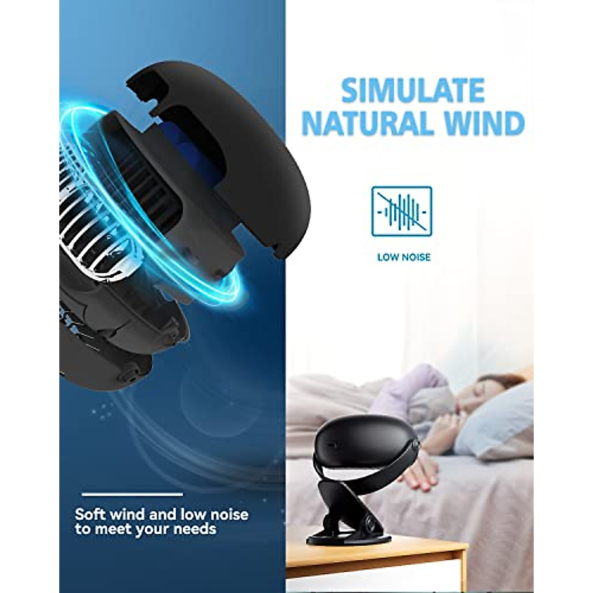 Kaylocheer Clip On Fan, Baby Stroller Fan, 4000mAh, 360° Rotation, Cool & Quiet, 3 Speeds, USB Charging, Convenient Travel Tool.(natural black)