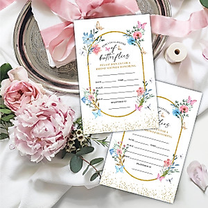 25 Bridal Shower Invitation Cards With Envelopes - Here's To A Lifetime Of Butterflies - Floral Golden Oval Invites For Newlyweds, Wedding & Bridal Shower Celebration, Party Favor & Decorations - B16