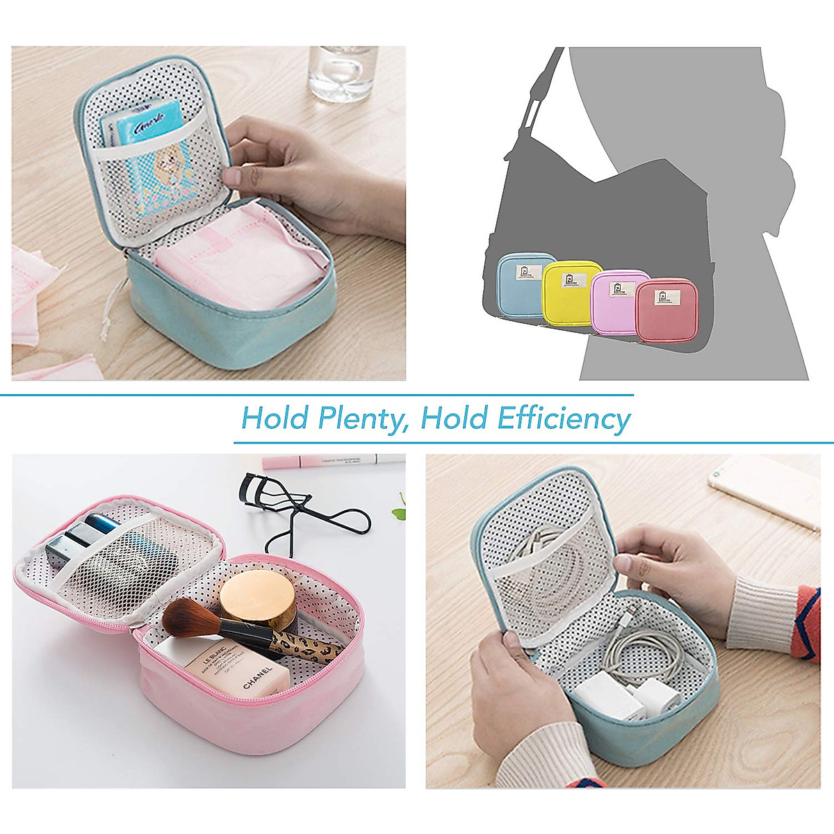 BeeChamp 4pcs Cute Small Travel Sanitary Holder Girls Waterproof Cosmetic Jewelry Bags Lipsticks Electronics Makeup Organizers for Women, Multicolor