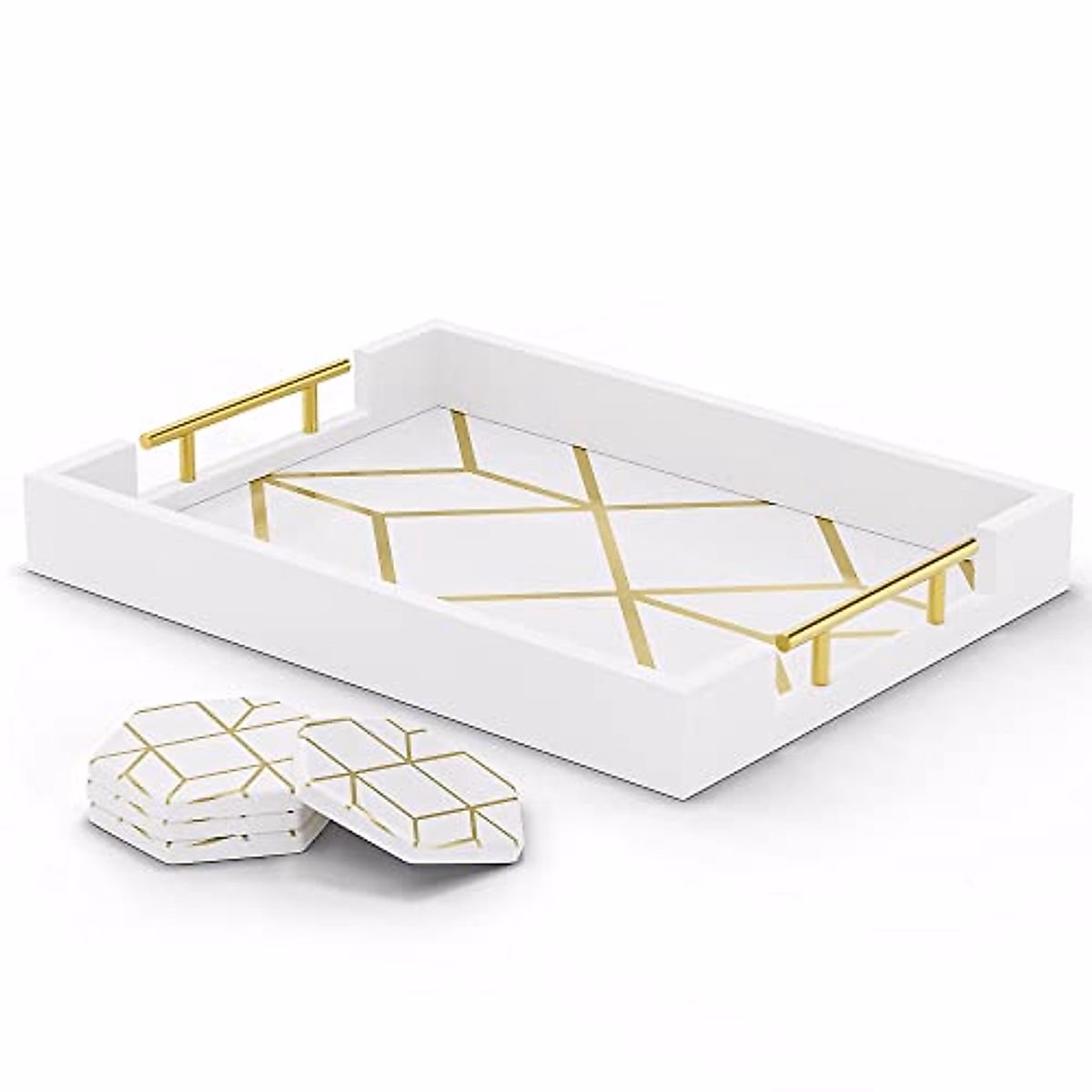 Olive and Oak Homeware Coffee Table Tray – White and Gold Ottoman Tray – Wooden Ottoman Coffee Table Tray with Coasters – Elegant and Refined Serving Tray with Handles 1.9 x 15.7 x 11.8 (Bright White)