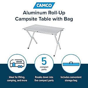 Camco Aluminum Roll-Up Campsite Table with Carrying Bag - Ideal for Tailgating, Camping, The Beach, Parties and More - Lightweight Design and Rust Resistant (51896)