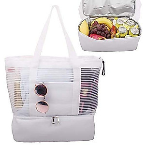 Large Mesh Beach Tote Bag with Zipper and Insulated Picnic Cooler Leak-proof for Beach Pool Outdoor Trave Gym