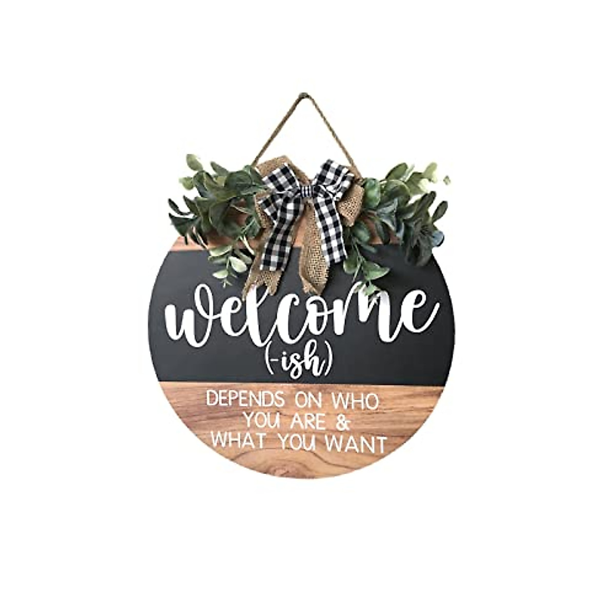 Welcome Sign for Front Door Home Decor Gifts, Round Wreath Wall Hanging Outdoor Porch Farmhouse, for All Seasons Valentines Day Christmas (C-dark brown)