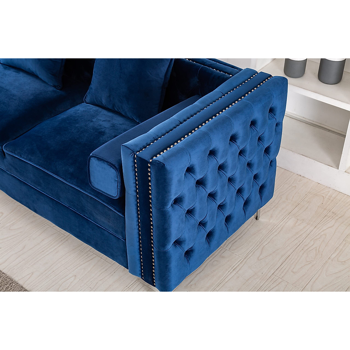 Legend Furniture Velvet Big Comfy Couch Living Room Square Arm Chesterfield 3seats Sofas, 104'', Blue