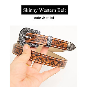 TOPACC Girls Western Belts for Women Brown Cowgirl Belt Cowboy Floral Embossed Thin Skinny Belt for Jeans Dresses Country Concert Outfit