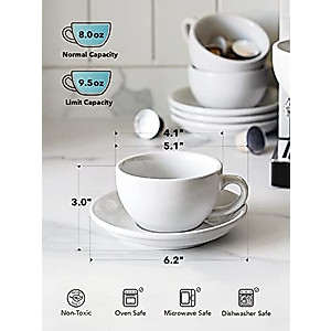 LE TAUCI 6 oz Cappuccino Cups with Saucers，Ceramic Coffee Cup for Au Lait, Double shot, Latte, Cafe Mocha, Tea - Set of 4, White