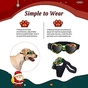 Dog Goggles, Christmas Small Dog Sunglasses, UV Protection Goggles with Adjustable Strap, Doggy Heart Shape Windproof Anti-Fog Pet Glasses for Puppy Eyes Wear Protective (Christmas-Green)