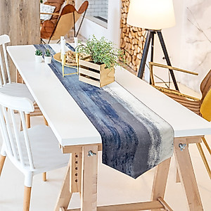 Blue and Grey Table Runner,Blue Abstract Modern Art Burlap Table Runners for Table Dresser Runner Farmhouse Style for Dinner Party Holidays Home Decoration (Blue and Grey, 13"x 71")