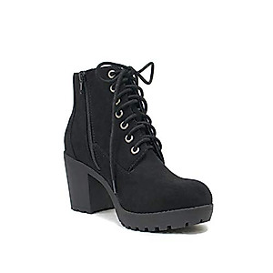 Soda Second Lug Sole Chunky Heel Combat Ankle Boot Lace up w/Side Zipper (7.5, Black Imitation Suede)