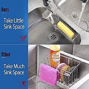2 IN 1 SPONGE HOLDER, MOVABLE Kitchen Sink Caddy Sponge Holder + Brush Holder, Small In Sink Dish Sponge Caddy, 304 Stainless Steel, Hanging Kitchen Sink Organizer Accessories Rack Basket -No Adhesive