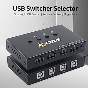 USB Switch Selector 4 Port, KCEVE 4 in 4 Out USB HUB Switch for 4 Computers Sharing 4 USB Devices for Mouse, Keyboard, Scanner, Printer, with Remote Control and 4 USB Cables