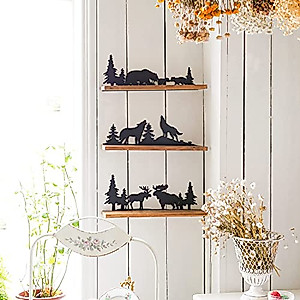 SOFFEE DESIGN Set of 3 Forest Wooden Floating Shelves for Wall Decoration, Adorable Metal Bears & Wolves & Deer Pine Pattern Black Finish Decor, Wall Mount Hanging Rectangle Shelves for Home, Office