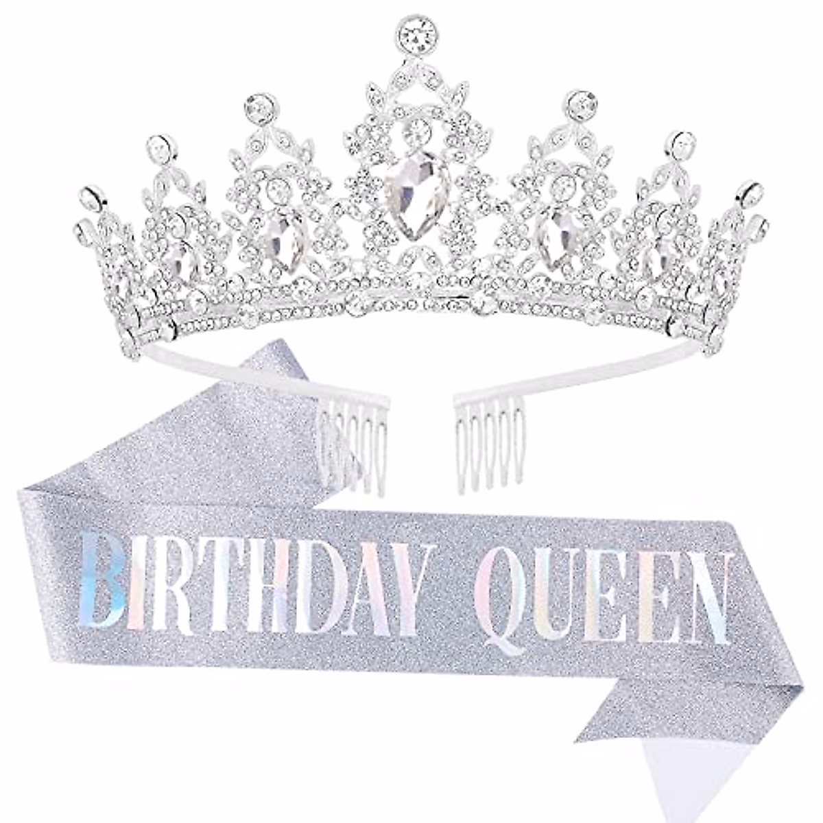 "BIRTHDAY QUEEN" Sash and Tiara for Women Crystal Tiara and Satin Kit for Girl Rhinestones Crown with Comb Glitter Hair Accessories for Prom Party Decoration Cake Topper Accessory Set with Pin (Silver Tiara and Silver Sash Set)