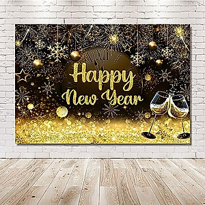 Mehofond 7x5ft Happy New Year Black and Gold Backdrop Countdown 2024 New Year Eve Snowflake Gold Gliter Background Champagne Party Banner Decoration Supplies Photo Booth Props