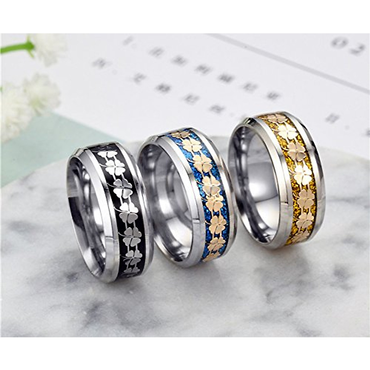 PAMTIER Titanium Steel 8 MM Four Clover Leaf Inlay Pattern Rings for Women Beveled Edges Black Size 9