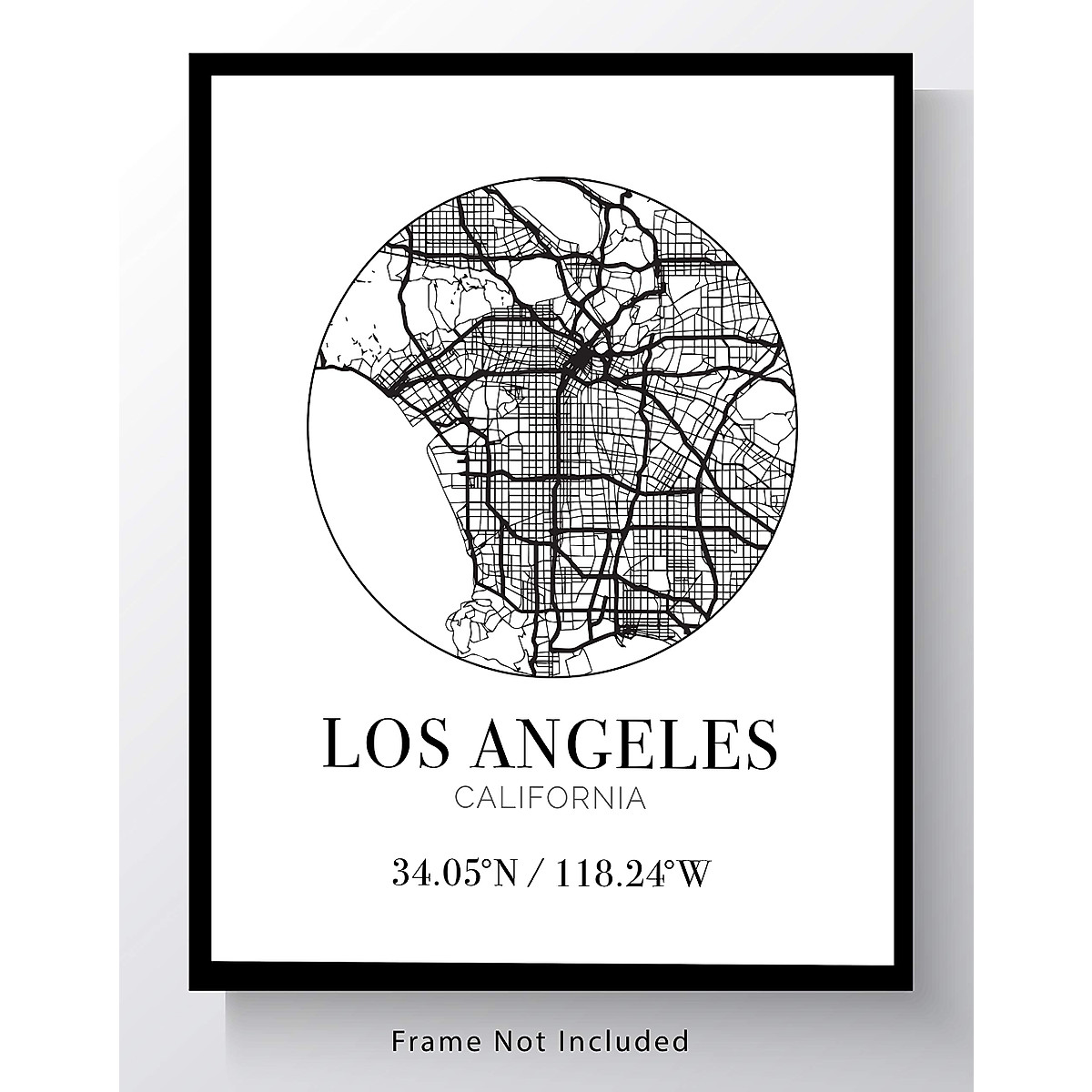 Los Angeles CA City Street Map Wall Art - 11x14 UNFRAMED Modern Abstract Black & White Aerial View Decor Print with Coordinates. Makes a great LA California-Themed Gift.