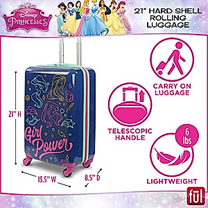 FUL Disney Princess Girl Power 21 Inch Kids Rolling Luggage, Hardshell Carry On Suitcase with Wheels, Multi, Blue (FCGL0028SAMEC-410)