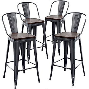 Aklaus Metal Bar Stools Set of 4,30 inch Barstools Bar Height Bar Stools with Backs Farmhouse Bar Stools with Larger Seat High Back Kitchen Dining Chairs Modern Bar Chairs Matte Black Stools