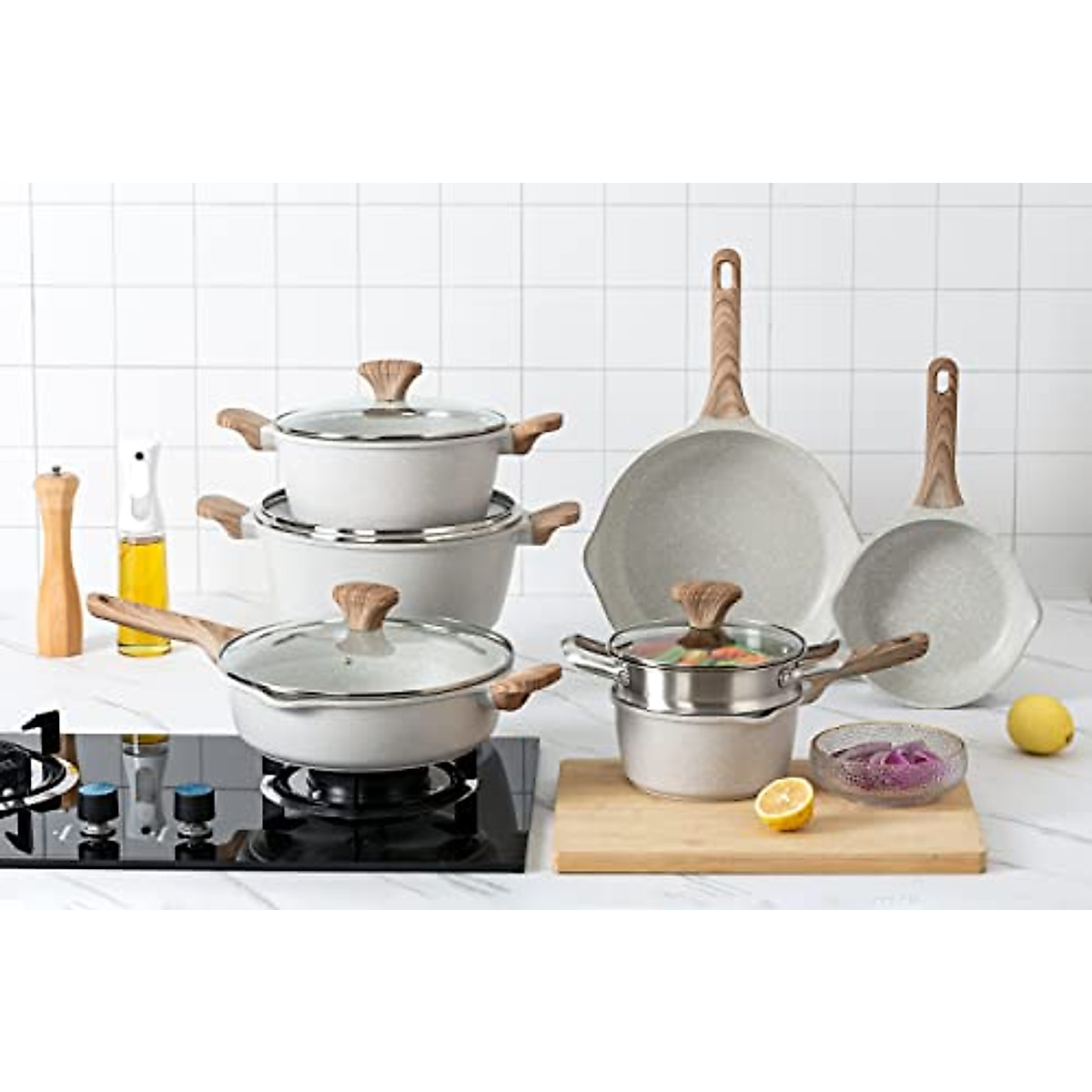 Country Kitchen Nonstick Induction Cookware Sets - 11 Piece Nonstick Cast Aluminum Pots and Pans with BAKELITE Handles - Induction Pots and Pans with Glass Lids -Cream