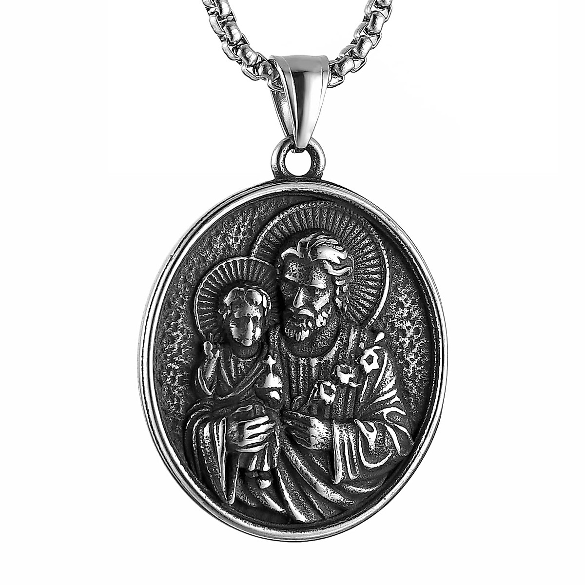 HZMAN Double Sided Stainless Steel St Joseph Necklace for Men Women Religious Saint Joseph Cross Christian Medal Amulet Pendant Jewelry Gift