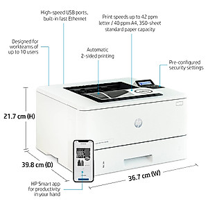 HP Laserjet Pro 4001dn Single-Function Monochrome Laser Printer, White - Print only - Mobile Printing, 42 ppm, 1200 x 1200 dpi, Auto 2-Sided Printing, 8.5 x 14, Ethernet, Hi-Speed USB
