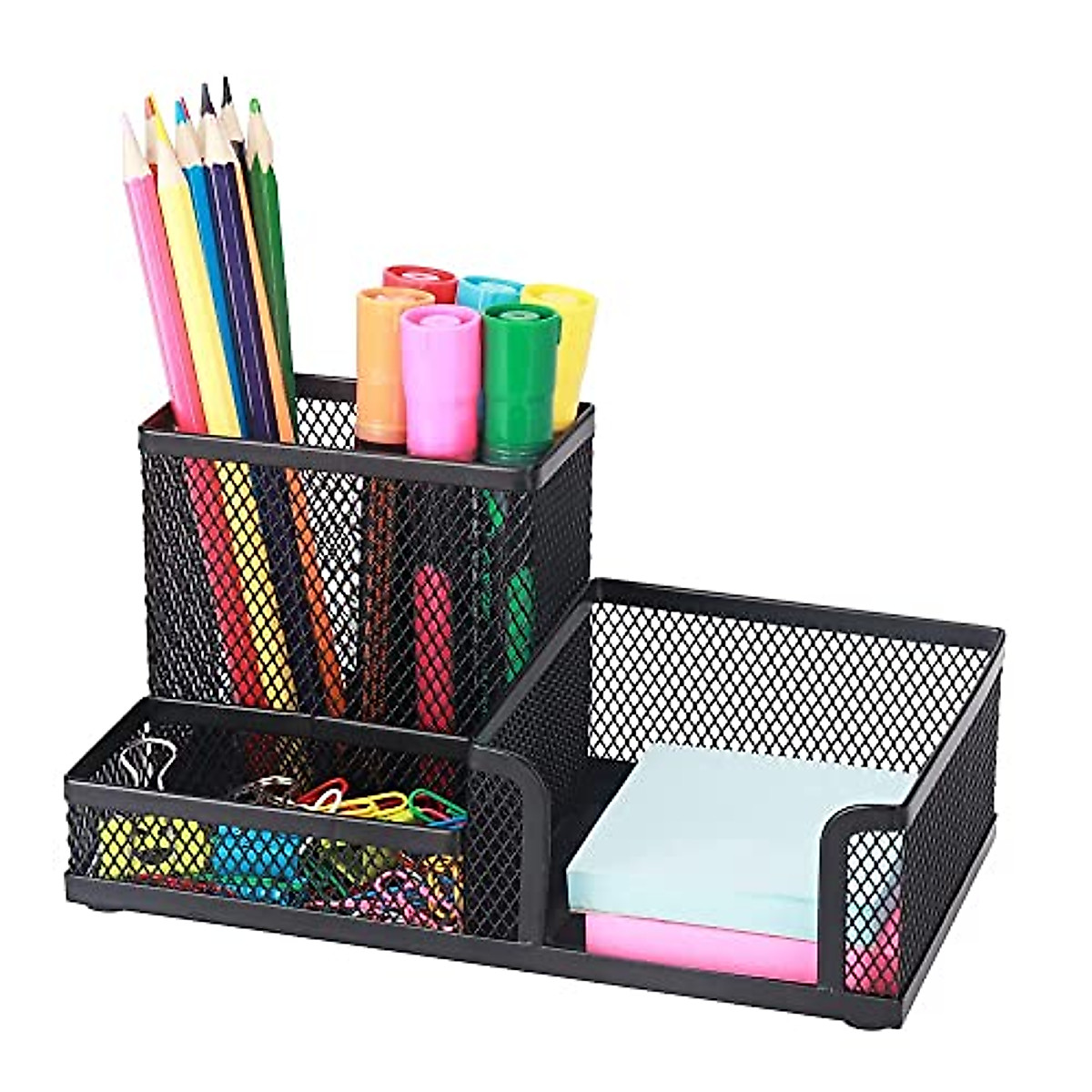 VIUJUH Desk Pencil Holders Desk Organizer Office Supplies Caddy with Sticky Notes Holder for Office School Home 3 Compartments Black