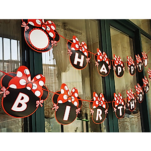 CHuangQi Minnie Themed Party Banner, Happy Birthday Letter Banner, Red Bow with Polka Dots Card, 1st Birthday Party Supplies & Decoration