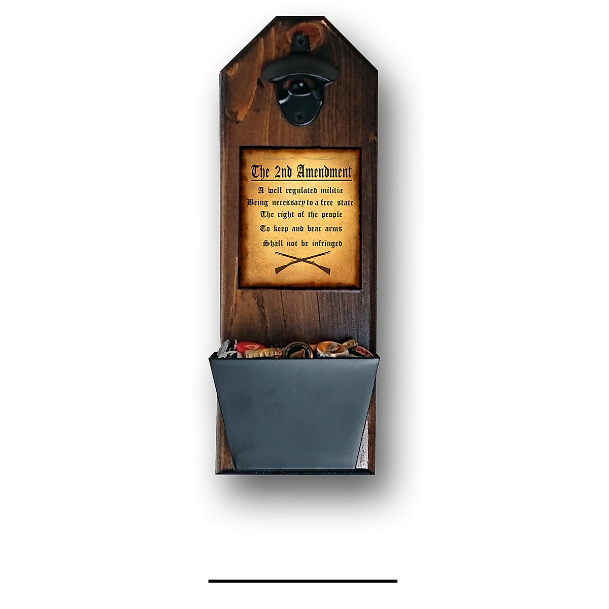 2nd Amendment 100% Real Wood Bottle Opener and Cap Catcher - Wall Mounted - Handcrafted by a Vet - Made of 3/4 thick Solid Pine, Rustic Sign Opener and Bucket - Great USA Pro Gun, Patriot Unique Gift