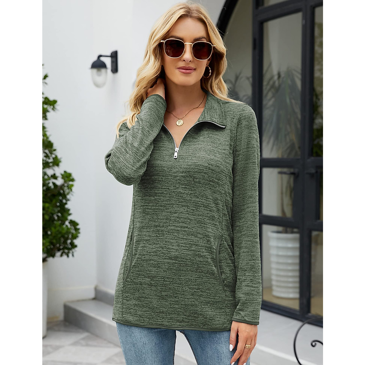 AKEWEI Womens Sweatshirt Hoodies Casual Zip up Hoodie Jacket with Pockets Army Green XL