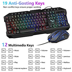 BAKTH Multiple Color LED Rainbow Backlit Wired Gaming Keyboard and Mouse Combo, USB Ergonomic Computer Keyboard with 7 Colors 3600DPI 6 Button Mouse for PC Windows Mac Game and Work