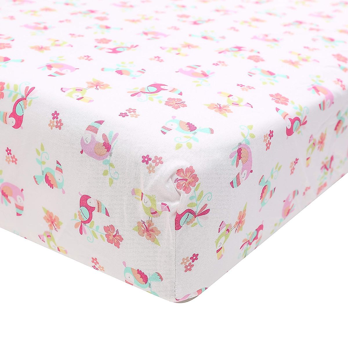 Brandream Crib Bedding Sets for Girls Pink Garden Elephant Parrot Birds 3-Piece Nursery Set | Baby Comforter, Fitted Crib Sheet, Crib Skirt Included, Floral Animal Collection