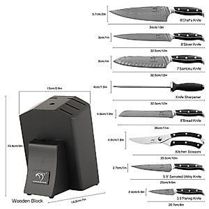 Damascus Kitchen Knife Set with Block, Razor Sharp 67-Layer VG10 Steel and Triple Rivet Handle, Included Chef/Santoku/Utility/Bread/Paring Knives, Sharpener, Kitchen Shears-Natural Wooden Block, 9Pcs