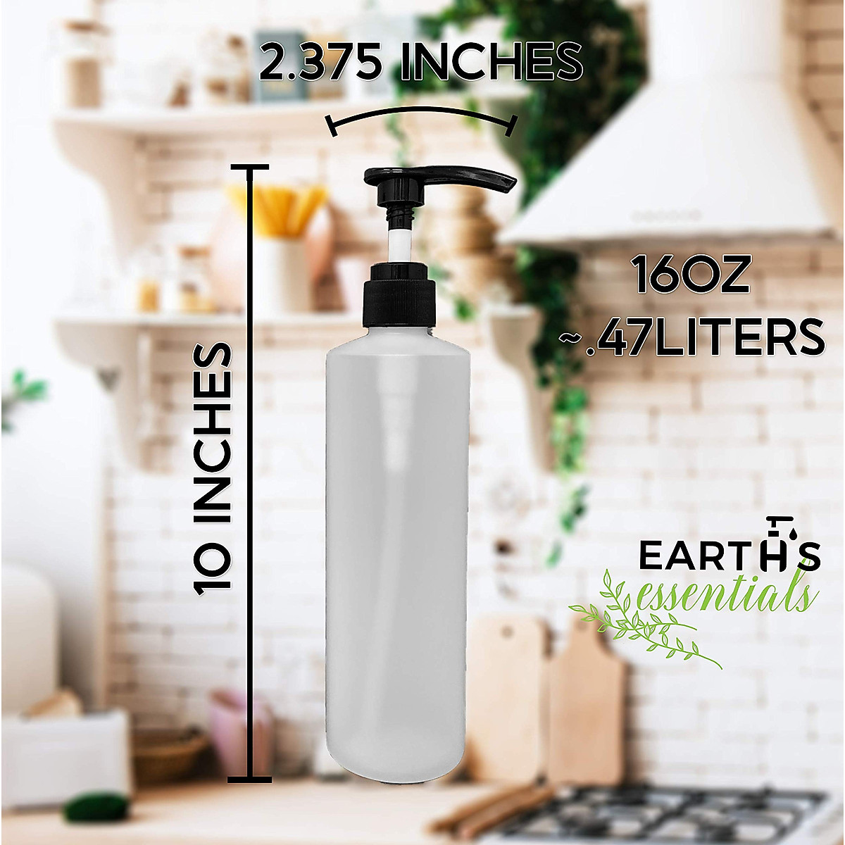 Earth's Essentials Two Pack Of Refillable 16 Oz. HDPE Plastic Pump Bottles With Patented Screw On Funnel-Great For Dispensing Lotions, Shampoos and Massage Oils.