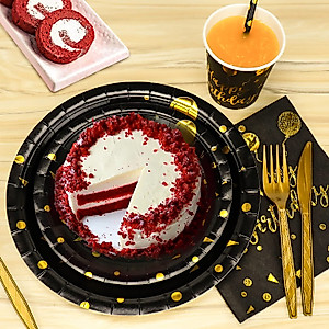 TabreMstr 201 Pieces Gold Disposable Party Dinnerware Set &Golden Dot Birthday Black Paper Plates Napkins Cups, Gold Plastic Forks Knives Spoons (25 Guests)