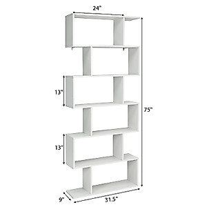IFANNY 6 Tier S Shaped Bookshelf, Wooden Open Bookcase w/Anti-Tipping Device, Display Shelf Storage Organizer for Home, Office, Living Room, 31.5 x 9 x 75 inch