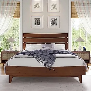 VanAcc Queen Size Solid Wood Bed Frame, Mid Century Platform Bed with Slatted Headboard, Wood Slat Support/No Box Spring Needed/Noise Free/Walnut
