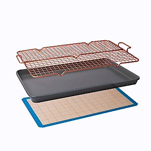CasaWare 3pc Ultimate Commercial Weight 15 x 10 x 1-inch Cookie Sheet/Cooling Grid/Silicone Mat Bakeware Set (Silver Granite)