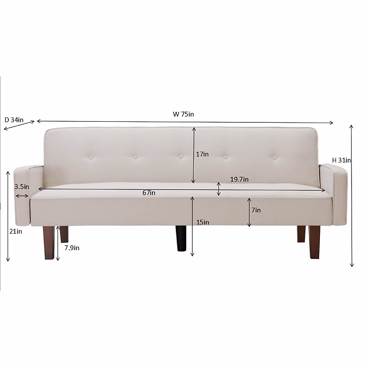 Eafurn Futon Sofa Bed with Wooden Legs Convertible Sleeper Couch Adjustable Loveseat Daybed, Comfy Sofa & Couches for Small Living Room Bedroom, Beige