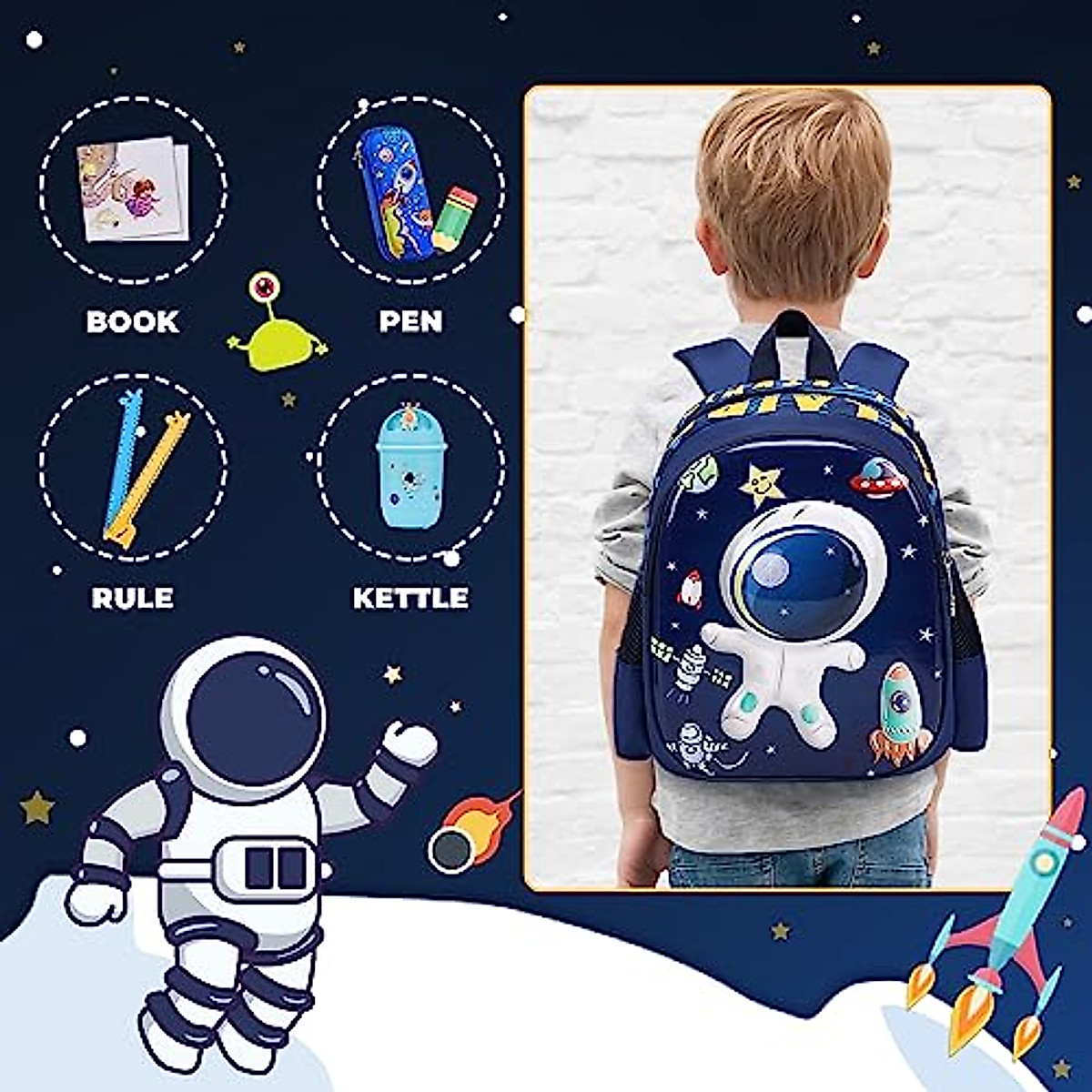 PIG PIG GIRL Toddler Backpack for Girls Boys Cute Kids Backpack for Preschool Children,Blue Astronaut