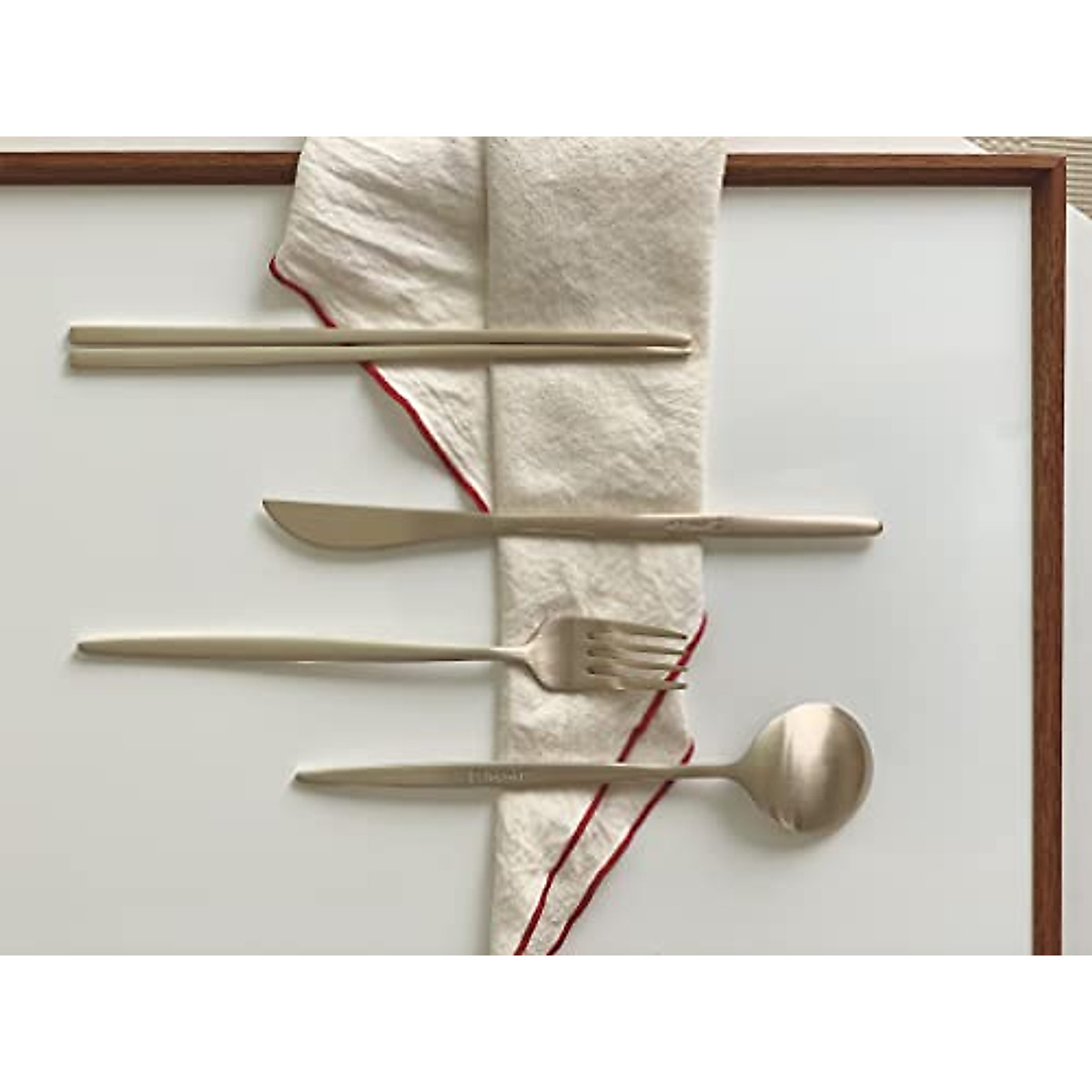 cozymomdeco Korean Made Traditional Premium Utensil Flatware Luminous Gold, Brass, 1SET, Fork, Knife, Spoon, Chopsticks with Furoshiki Wrapping