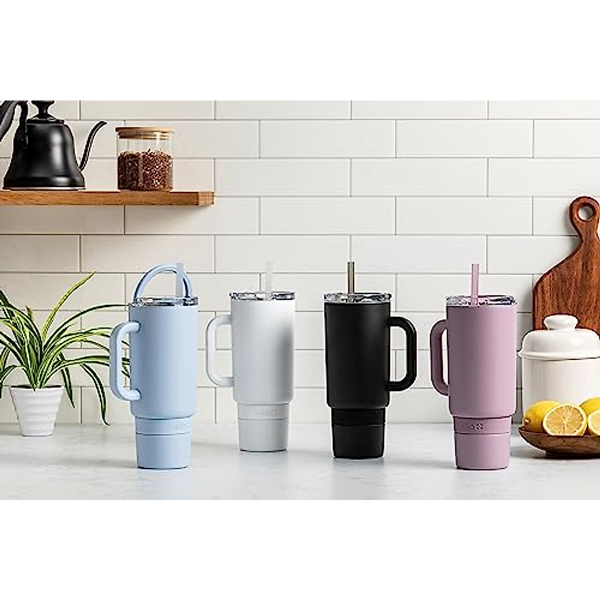 Ello Port 40oz Tumbler with Carry Loop & Integrated Handle, Vacuum Insulated Stainless Steel Reusable Water Bottle, Travel Mug with Leak Proof Lid & Straw for Iced Coffee & Tea, Halogen Blue