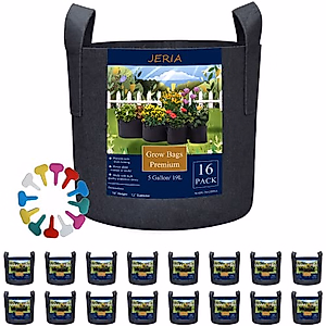 JERIA 16-Pack 5 Gallon Grow Bags, Heavy Duty Thickened Nonwoven Fabric Pots Container with Reinforced Handles, Vegetable/Flower/Plant Grow Pots Come with 16 Pcs Plant Labels
