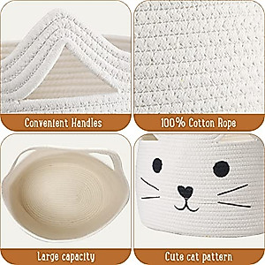 2 Pieces Large Cat Toy Basket Woven Cotton Rope Storage Basket Large Cute Cat Laundry Basket Organizer Animal Design Toy Storage Organizer Baby Hamper Cat Nursery Bins Boxes, White, Brown
