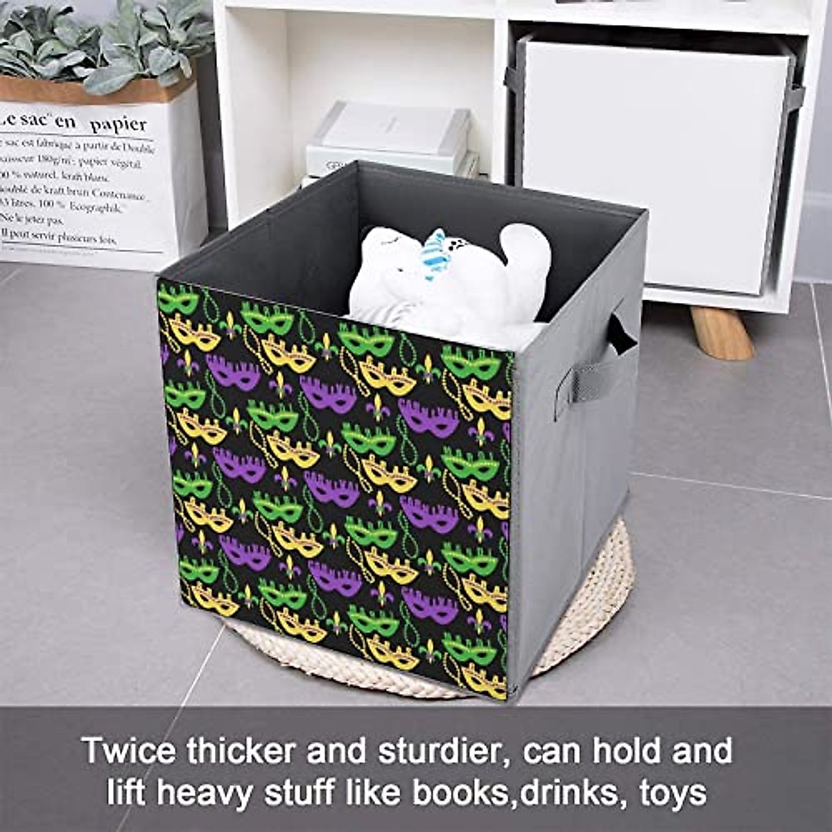 Cute Mardi Gras Pattern Collapsible Storage Bins Basics Folding Fabric Storage Cubes Organizer Boxes with Handles