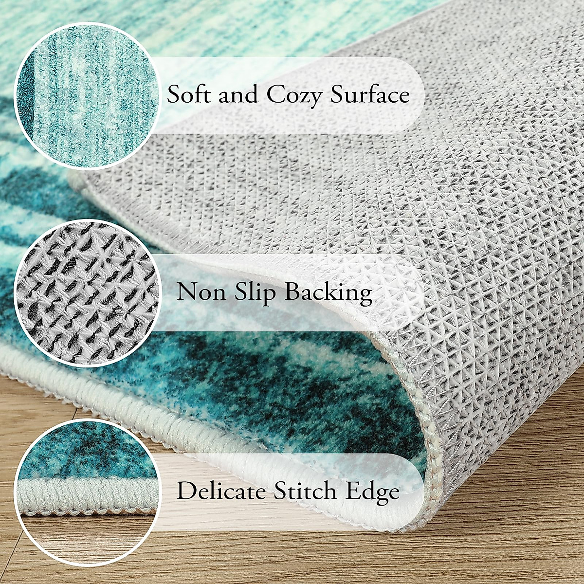 Lahome Abstract Teal Bedroom Rug 8x10,Washable Modern 8x10 Area Rugs for Living Room Non-Slip,Low-Pile Soft Dining Room Carpet Minimalist Bordered Rug Indoor Large